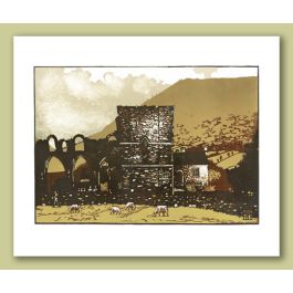 Llantony Priory Greeting Card by Ian Phillips Linocut Artist